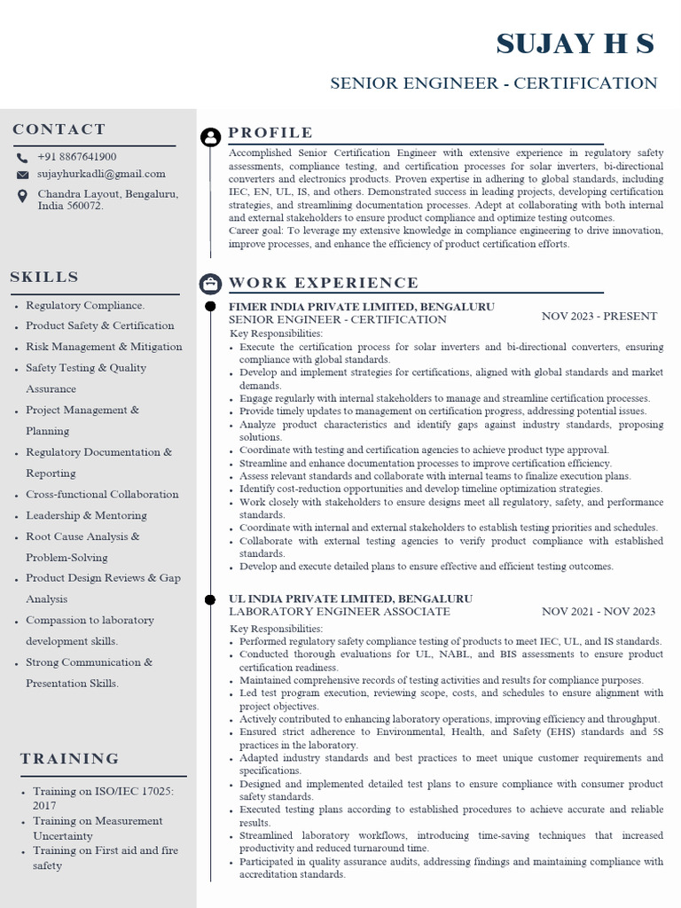 Sujay H S - Senior Engineer Certification | PDF | Regulatory Compliance | Certification