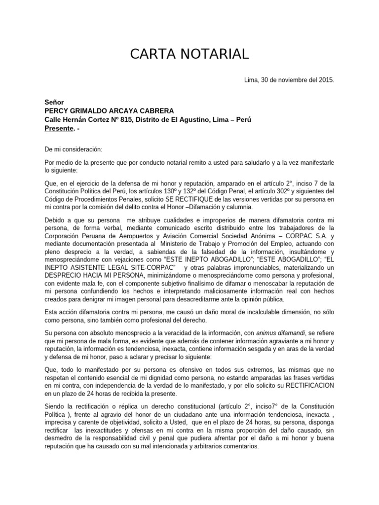 Carta Notarial - Injuria y Difamacion | PDF | Justicia | Crimen y violencia