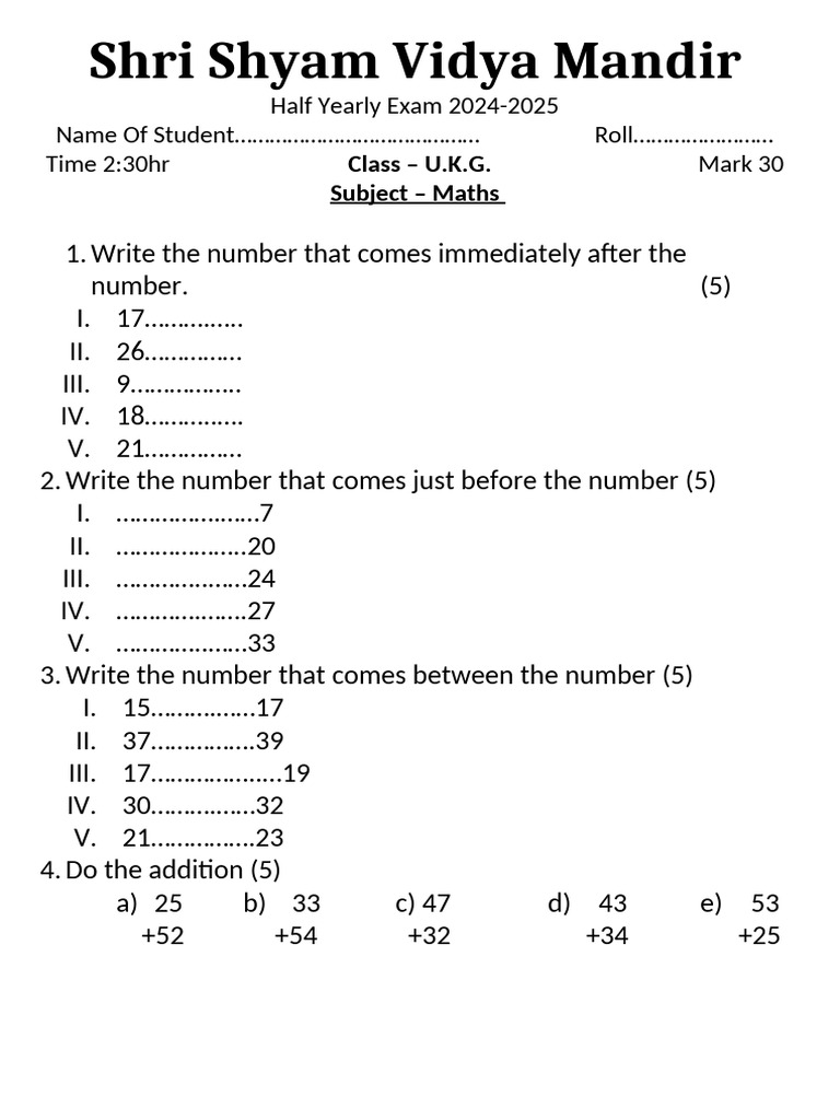 UKG Half Yearly Maths Exam Paper | PDF