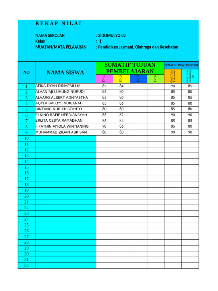 Rekap Nilai Raport PJOK | PDF