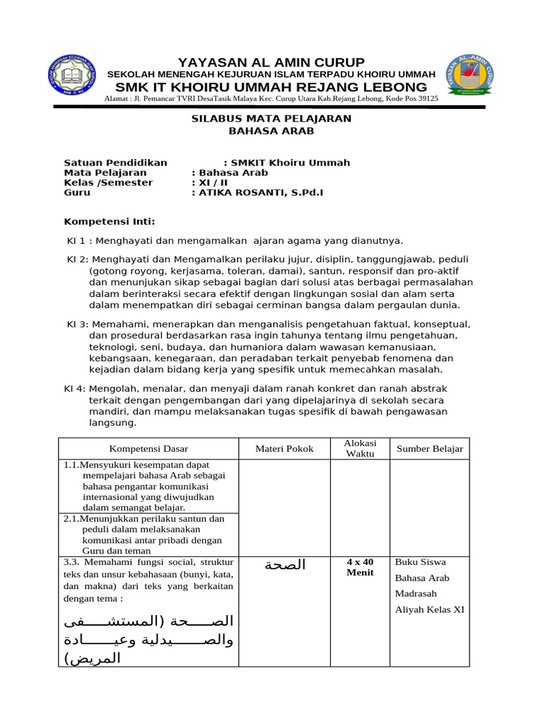 Silabus Bahasa Arab Kelas XI | PDF