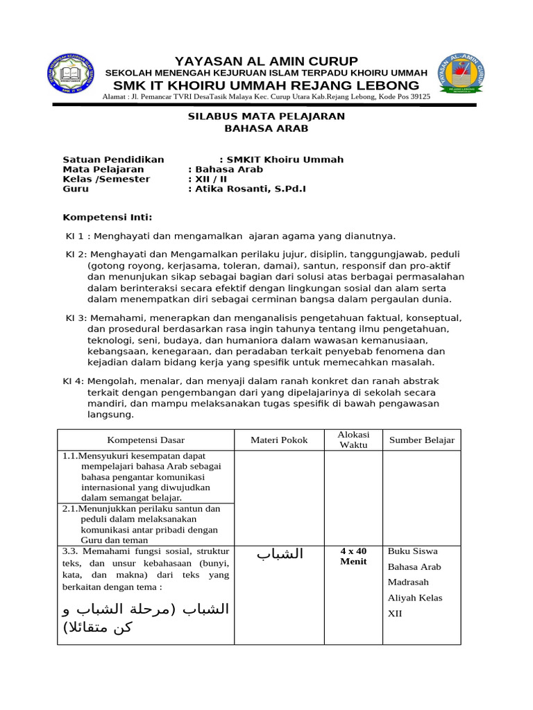 Silabus Bahasa Arab Kelas XII | PDF