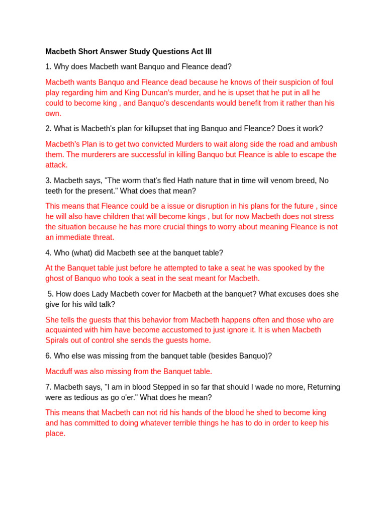 Macbeth Study Guide Questions Act III, IV & V 2 | PDF | Macbeth