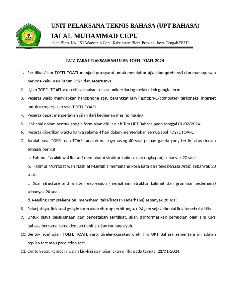 Panduan Ujian TOEFL TOAFL 2024 | PDF