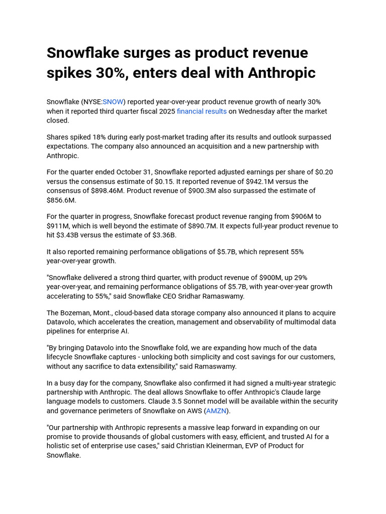 Snowflake Surges As Product Revenue Spikes 30%, Enters Deal With ...