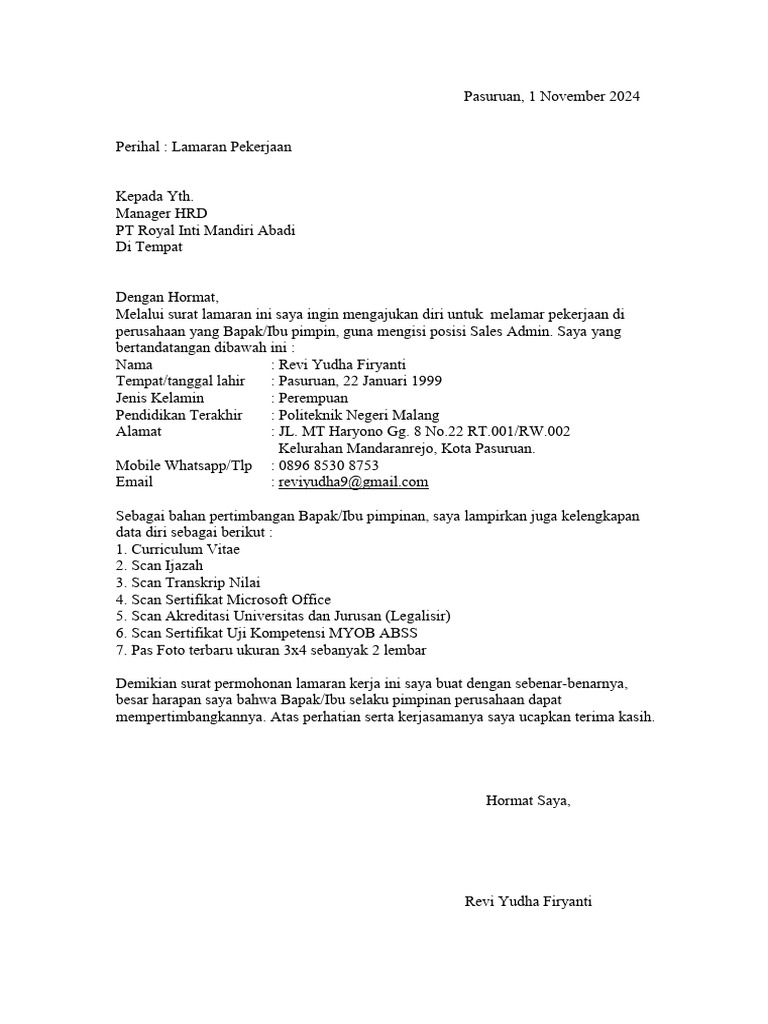 Lamaran Kerja PT Royal Inti Mandiri Abadi | PDF