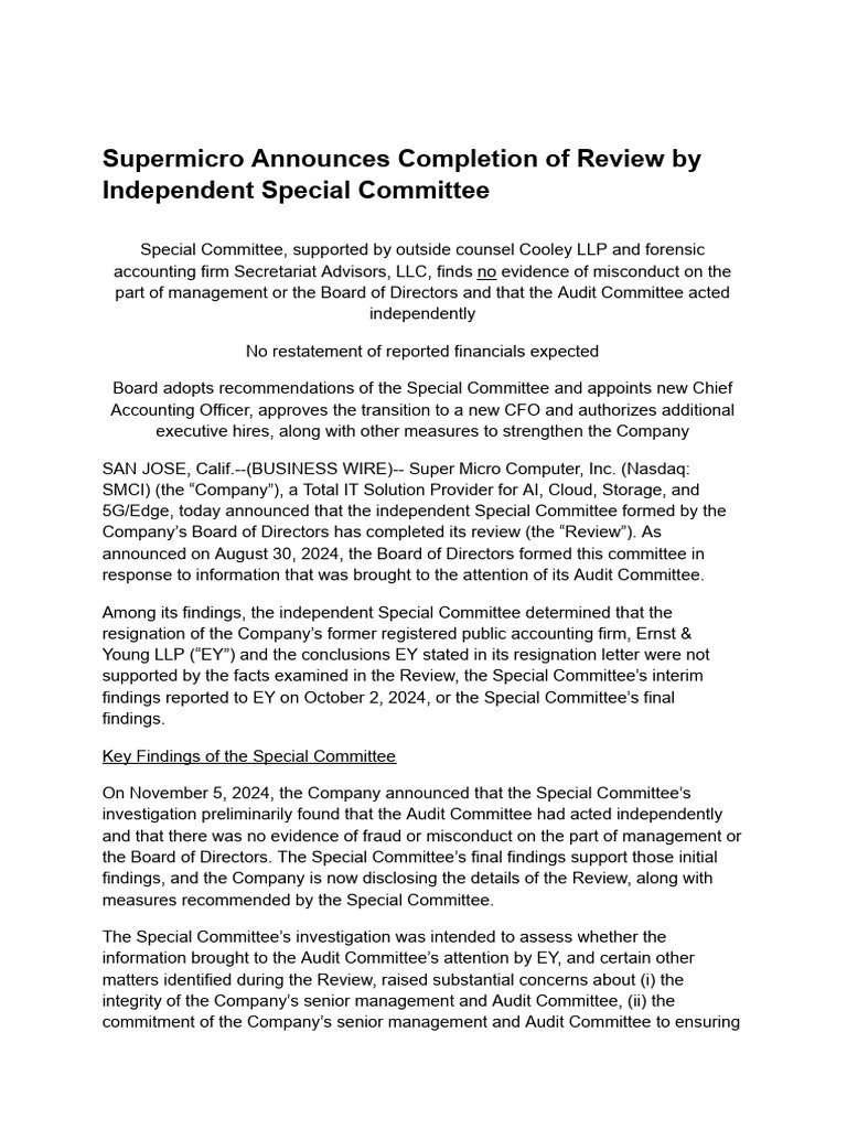 Supermicro Special Committee Review Findings | PDF | Audit | Audit ...