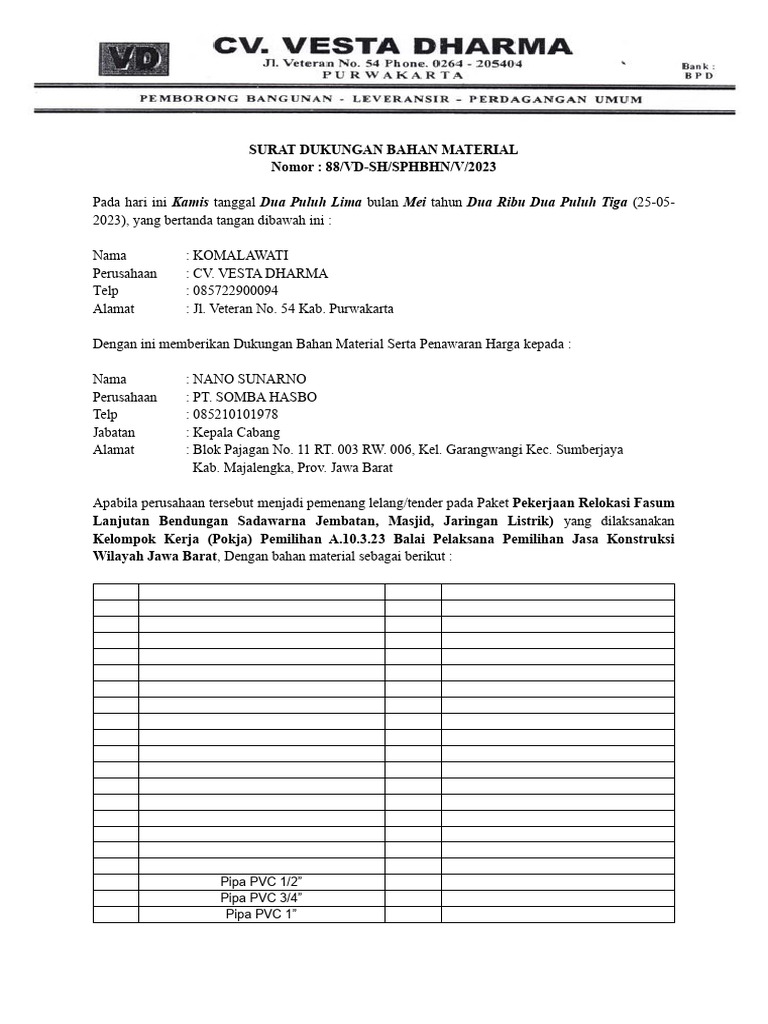 Surat Permohonan Harga CV. Vesta Dharma | PDF