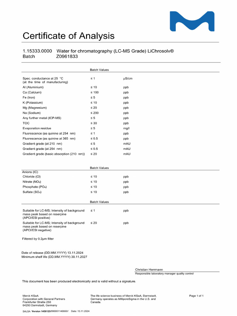 COA For Water | PDF