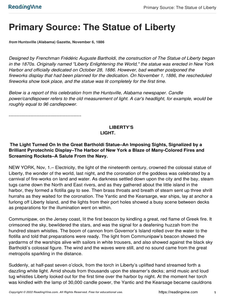 ReadingVine - Primary Source - The Statue of Liberty | PDF | Fireworks