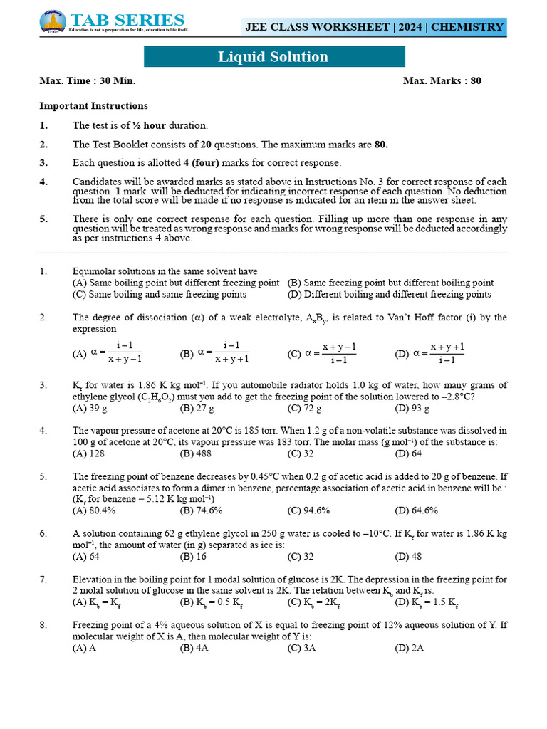 JEE 2024 Chemistry Liquid Solutions Worksheet | PDF | Scientific ...