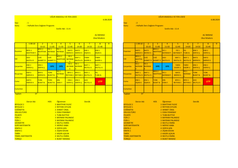 11-A Sinif Ders Programi | PDF