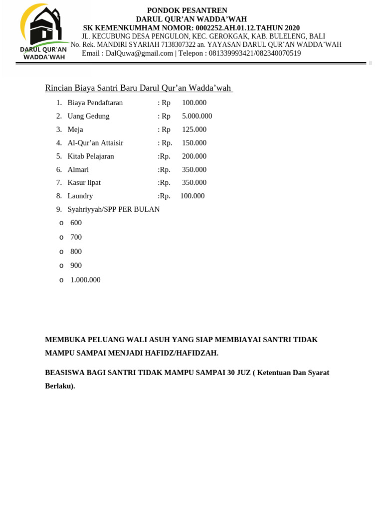 Rincian Biaya Santri Baru TH, 2020 | PDF
