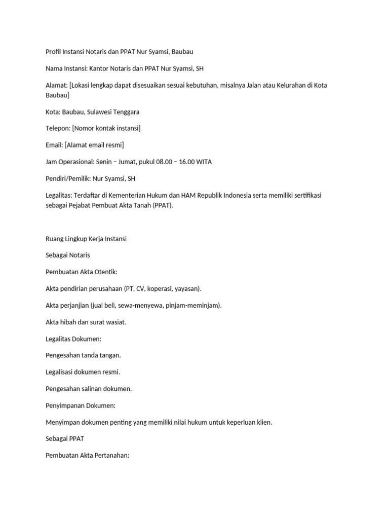 Profil Notaris dan PPAT Nur Syamsi Baubau | PDF