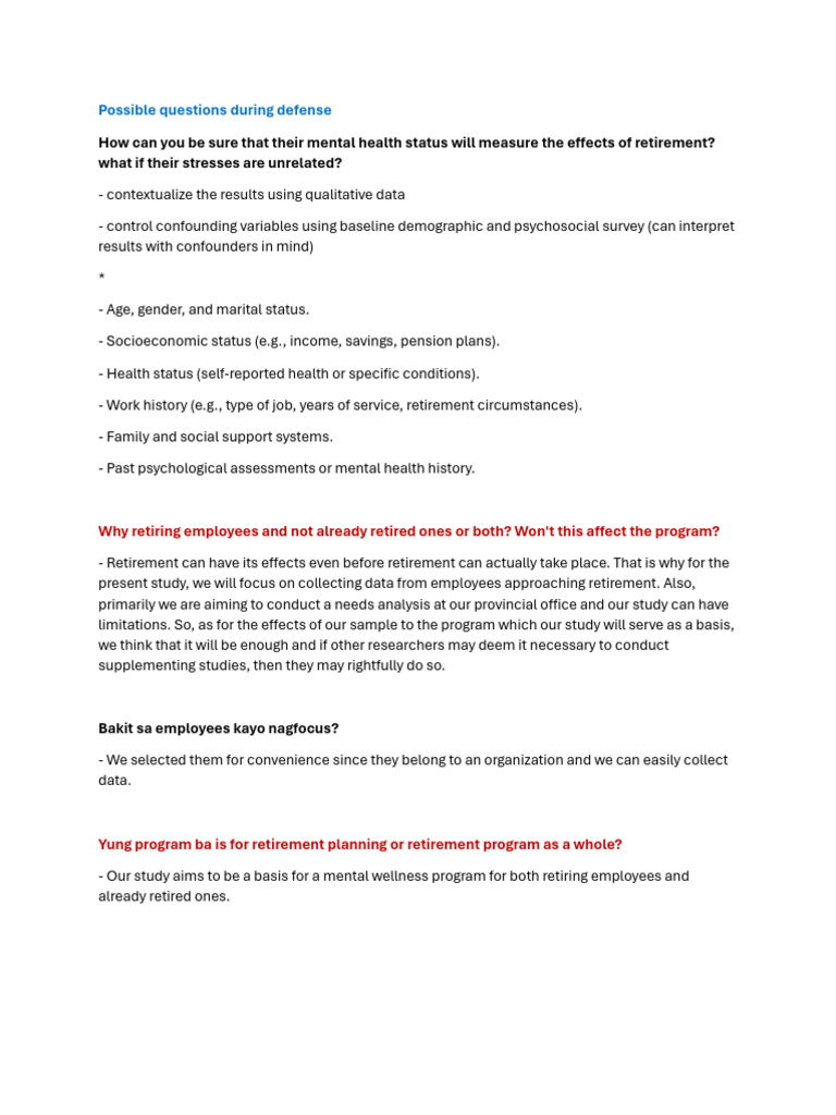 Possible Questions During Defense | PDF | Mental Health | Retirement