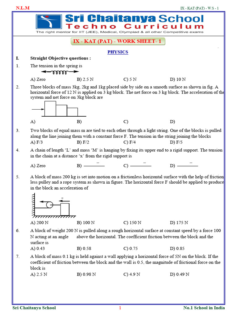 Physics Worksheet for Class IX | PDF | Force | Tension (Physics)