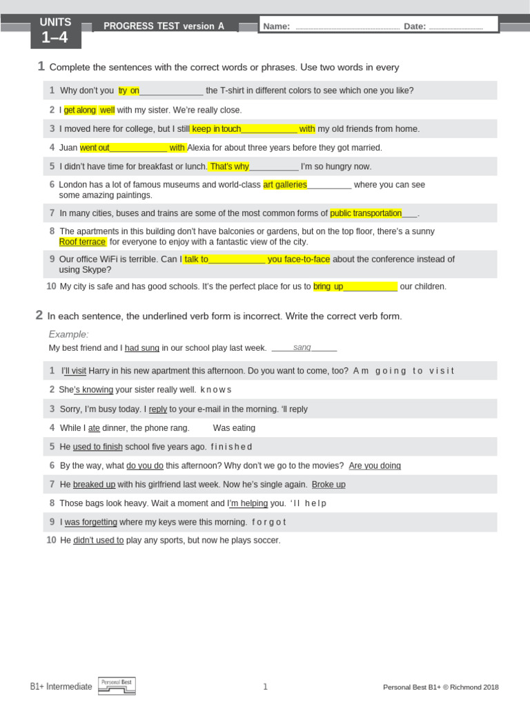 PB AmE B1 Term Test U1-4 Version A | PDF