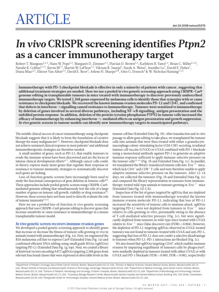 In vivo CRISPR screening identifies Ptpn2 as a cancer immunotherapy ...