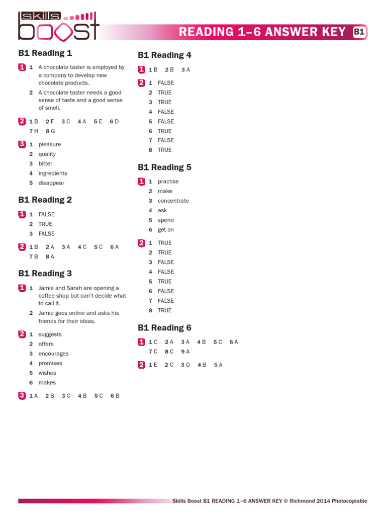 B1 Reading Answer Key 1-6 | PDF