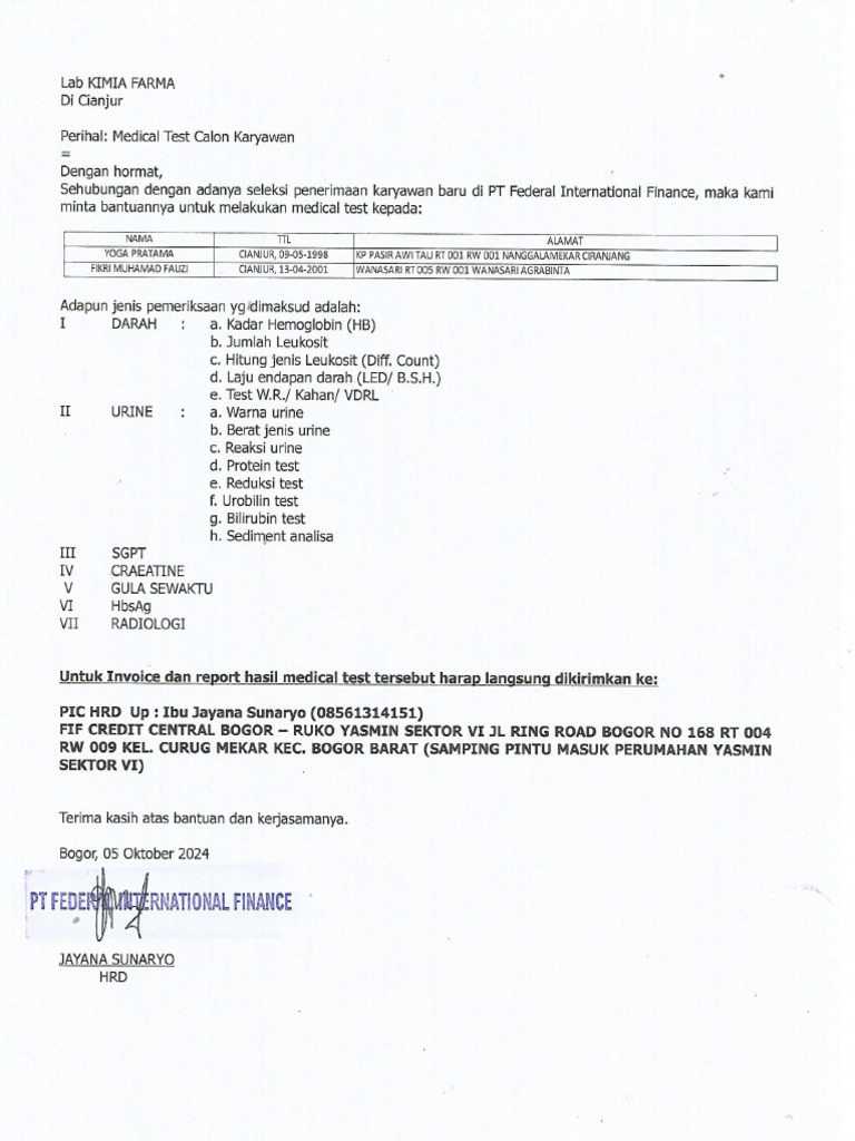 Surat Pengantar Mcu 05 Okt 2024 Cianjur | PDF