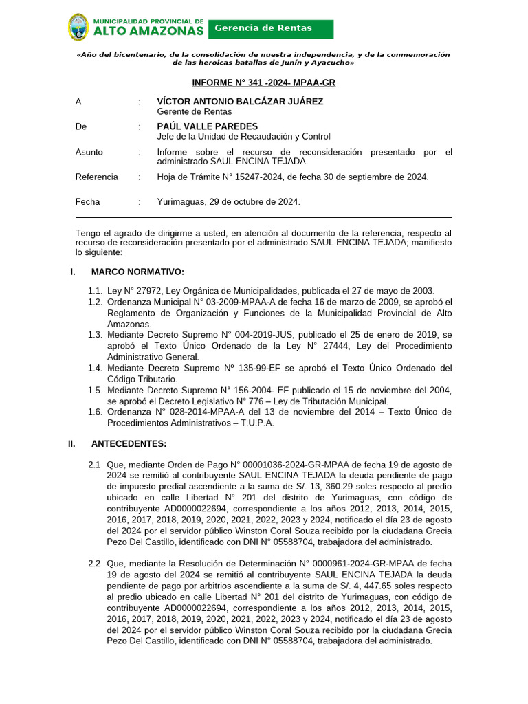 informe sobre nulidad de orden de pago y resolucion de determinacion ...