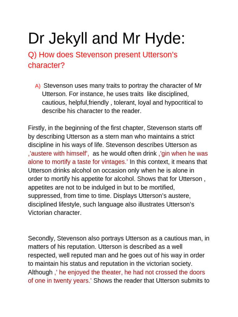 DR Jekyll and MR Hyde - MR Utterson Answer | PDF | Strange Case Of Dr ...
