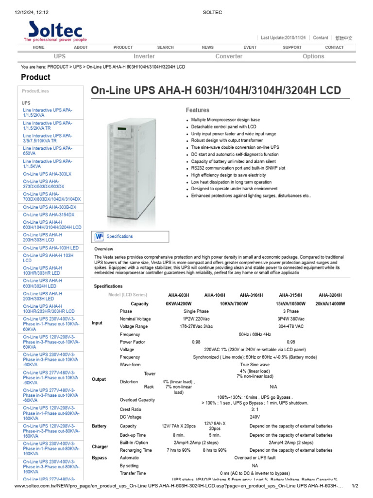Ficha Tecnica Ups Soltec 6kva | PDF | Mains Electricity | Phase (Waves)