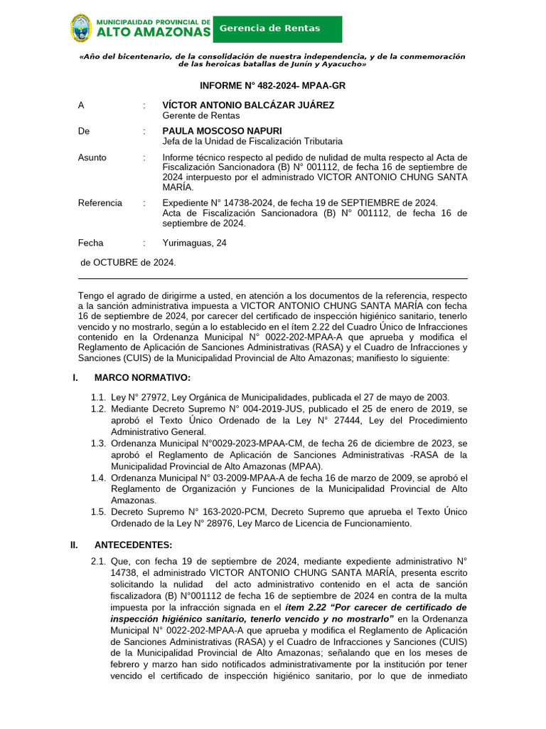 Informe Victor Chug Santa Maria Nulidad de Multa Administrativa | PDF ...
