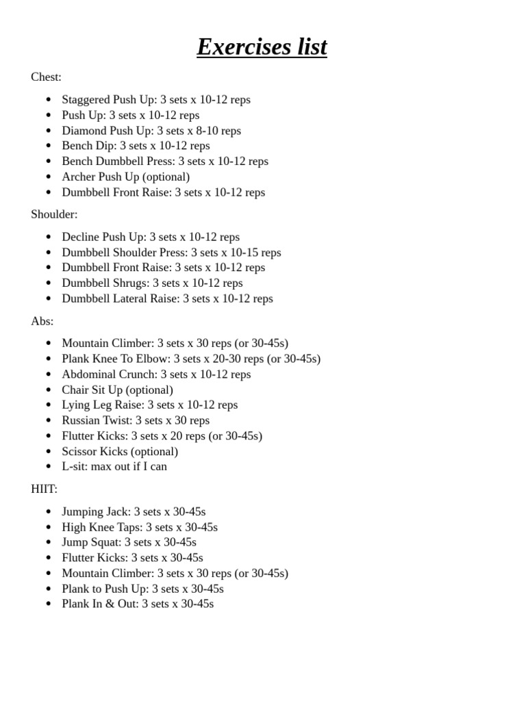 Home Workout Exercise List | PDF