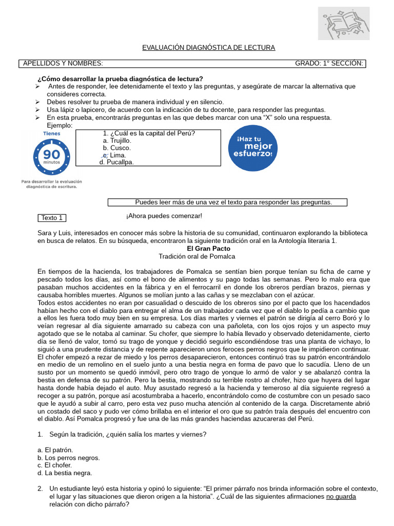Evaluación Diagnóstica de Lectura Primero | PDF | Higiene oral | Internet