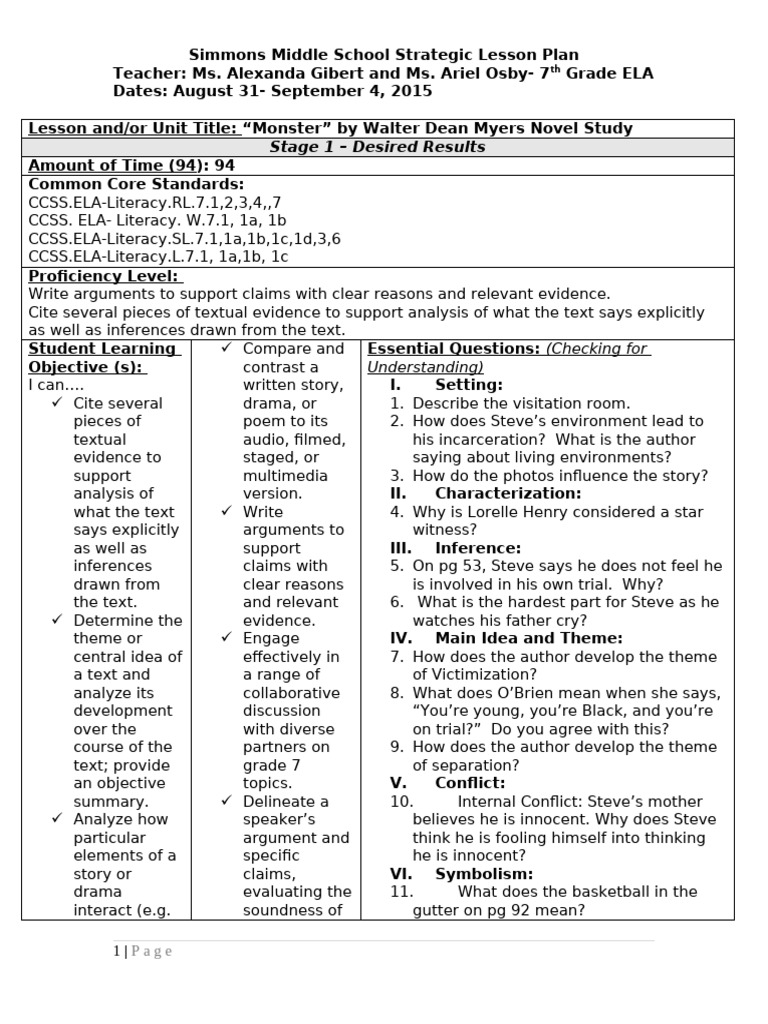 7th Grade ELA "Monster" Lesson Plan | PDF | Logos | Human Communication