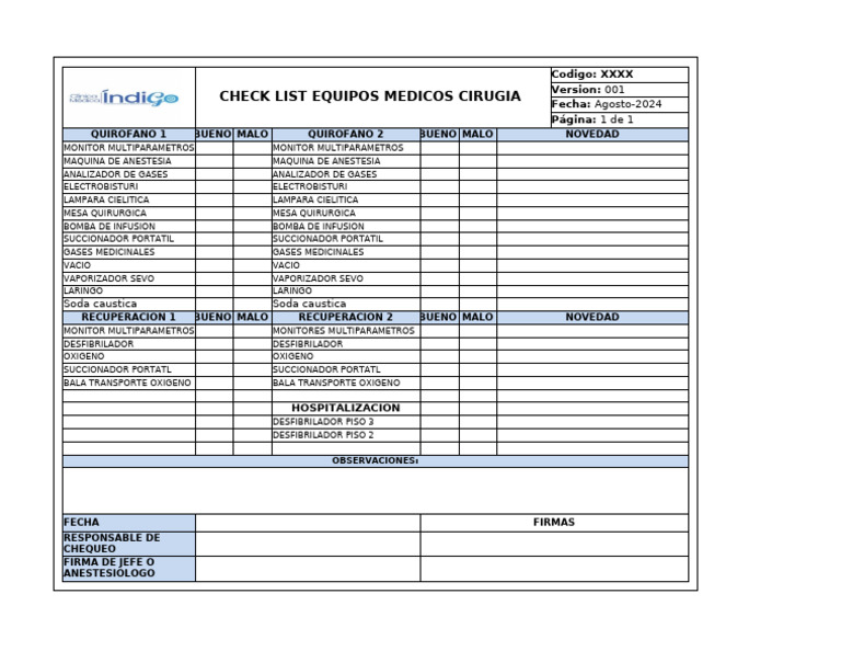 Lista de Chequeo Equipos Quirúrgicos | PDF
