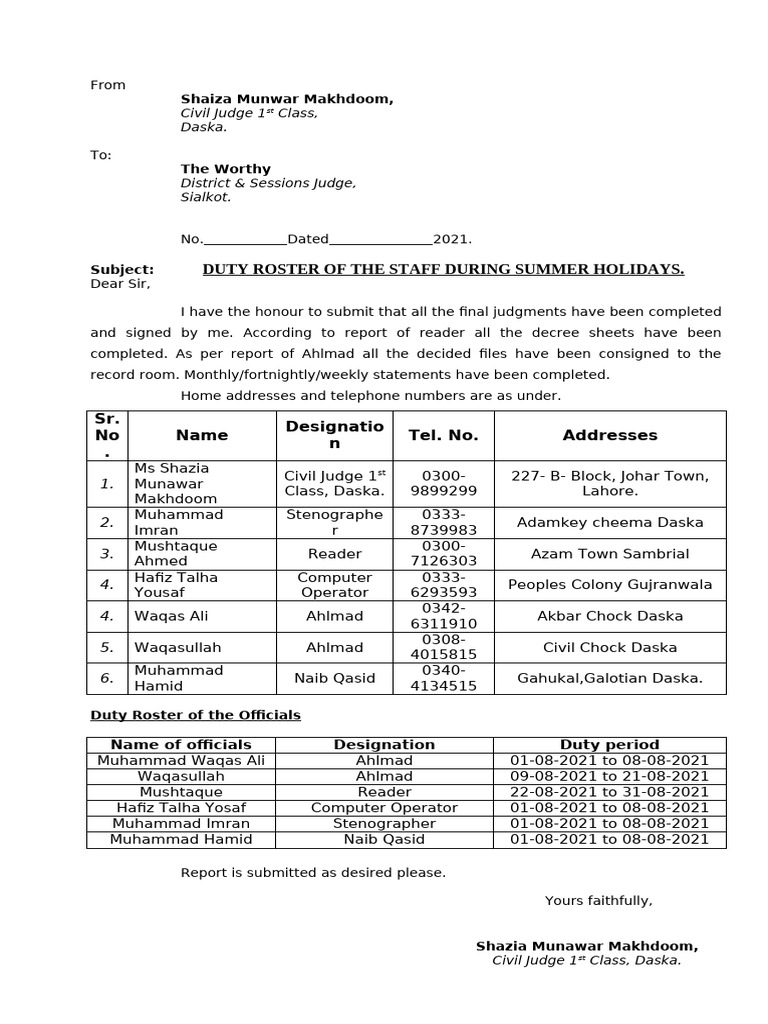 23.07.2021. DUTY ROASTER summer holidays | PDF