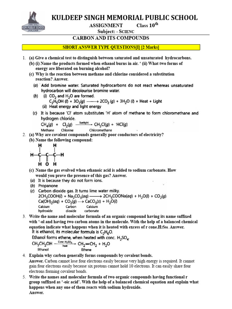 Assignment Chemistry (Carbon and Its Compounds) | PDF | Acid | Acetic Acid