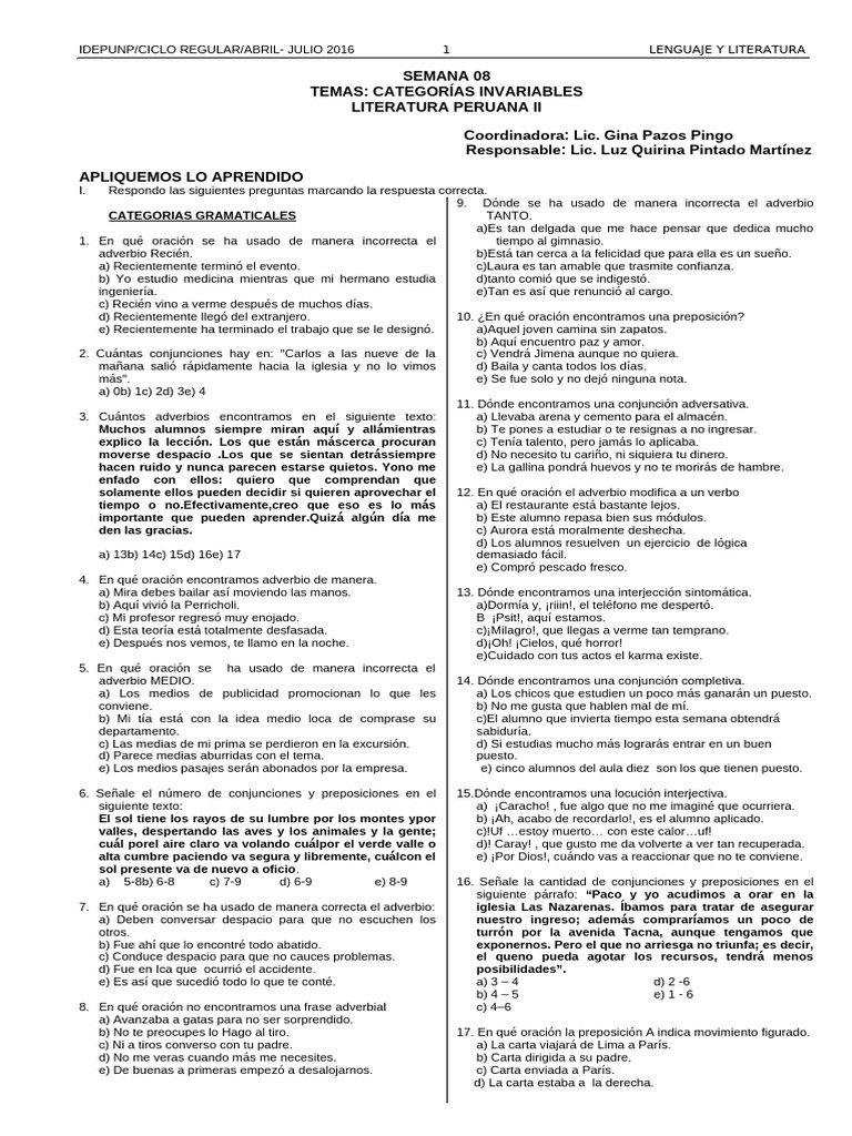 Categorías Invariables en Lengua y Literatura | PDF | Perú