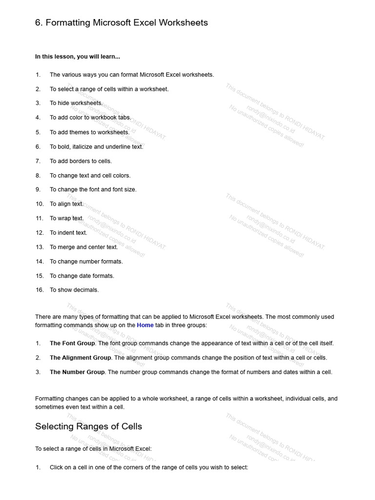 6. Formatting Microsoft Excel Worksheets | PDF | Software | Computing ...