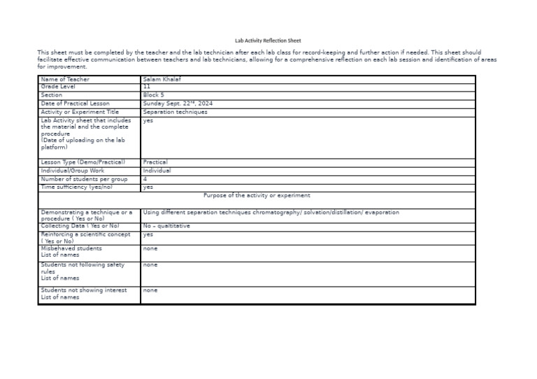 Lab Activity Reflection Sheet Template | PDF