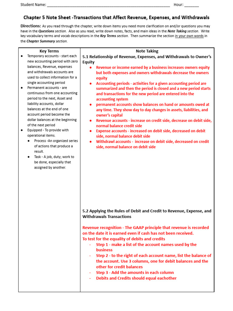 Chapter 5 Note Sheet Student | PDF | Debits And Credits | Financial ...