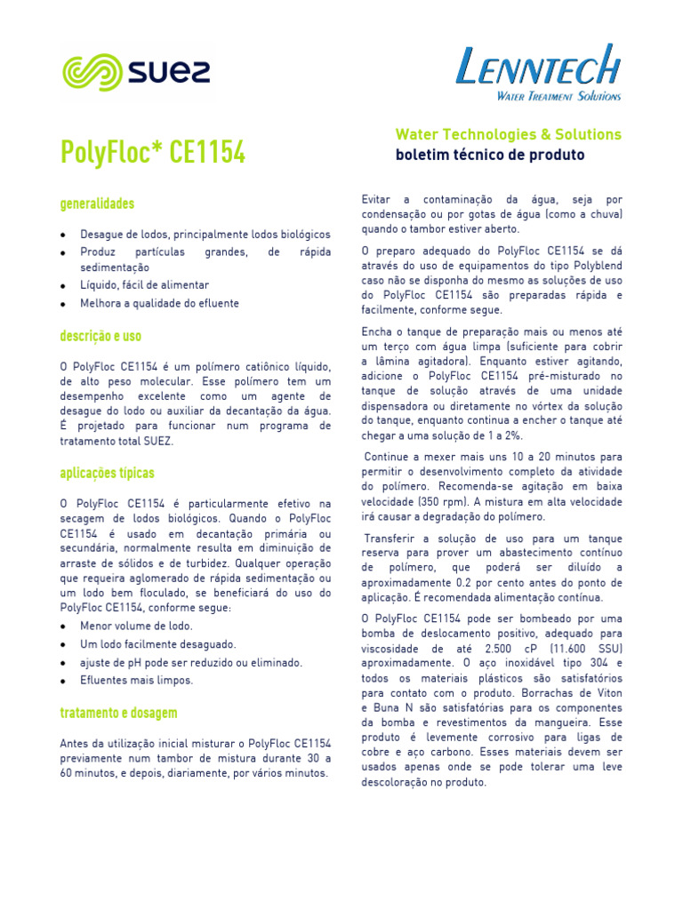 Suez Polyfloc Ce1154 PT L | PDF | Polímeros | Embalagem e rotulagem