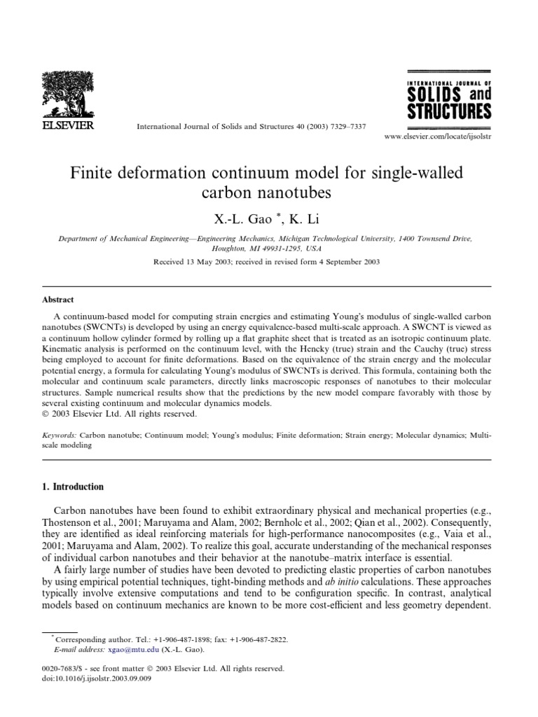 Finite Deformation Continuum Model For Single-Walled Carbon Nanotubes | PDF | Carbon Nanotube ...