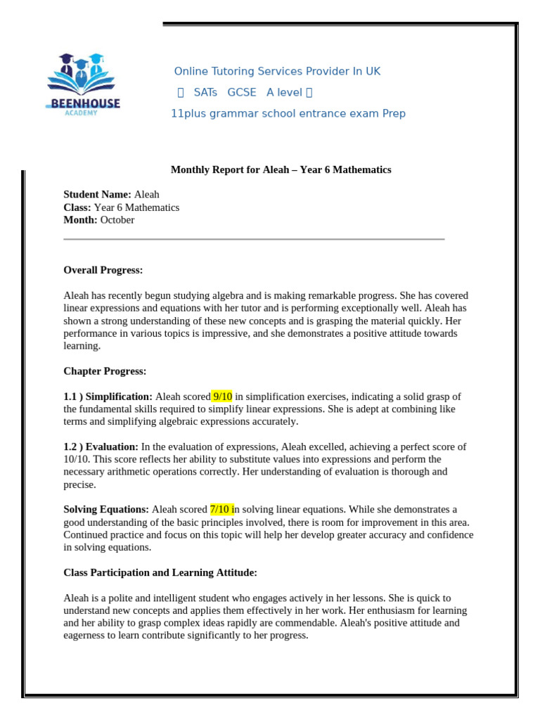 Aleah's Maths Report (Oct) | PDF | Equations | Mathematics