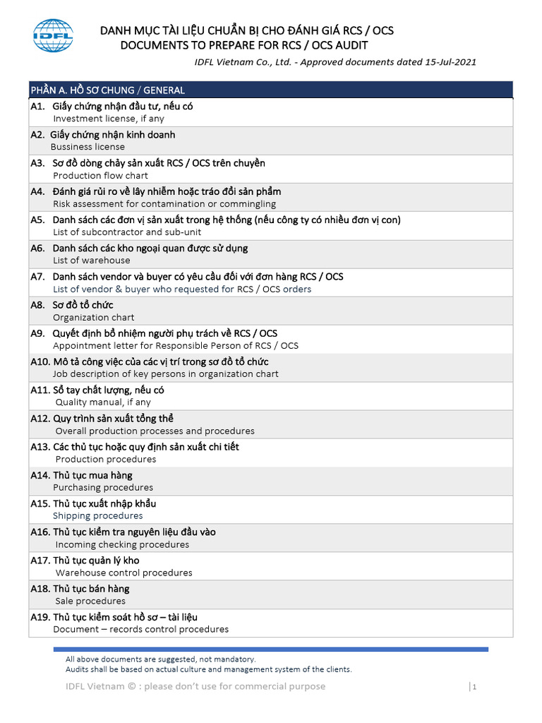 IDFL - RCS and OCS Document Checklist | PDF