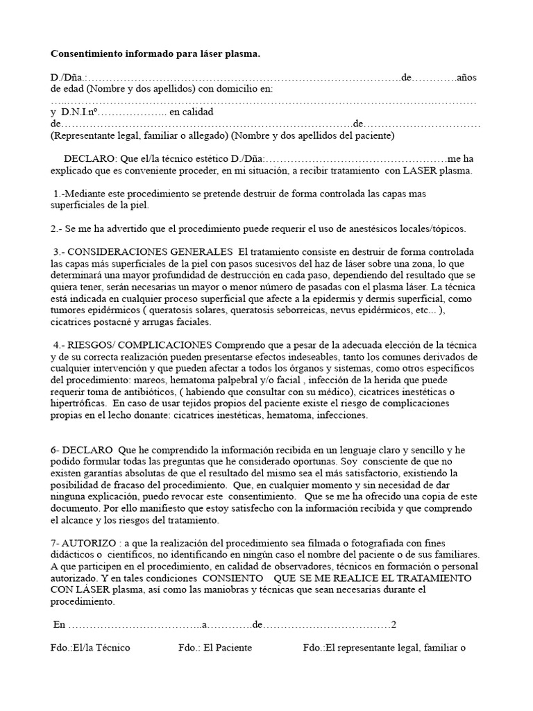 Consentimiento Plexer | PDF | Piel | Medicina CLINICA
