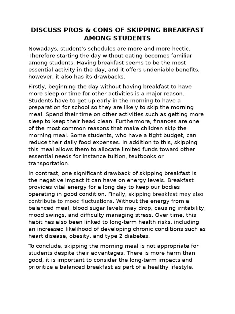 Pros & Cons of Students Skipping Breakfast | PDF