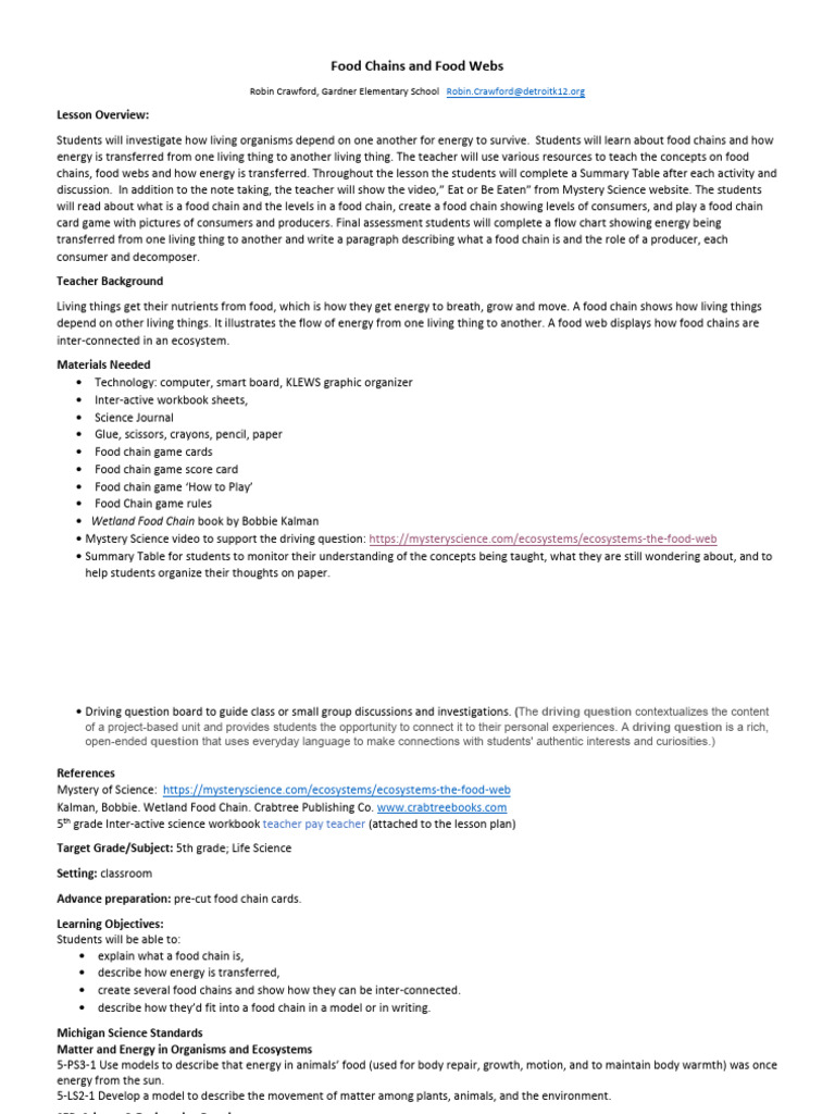 Bia Food Chains Webs Lesson Plan Robin Crawford Final-All | PDF | Food ...