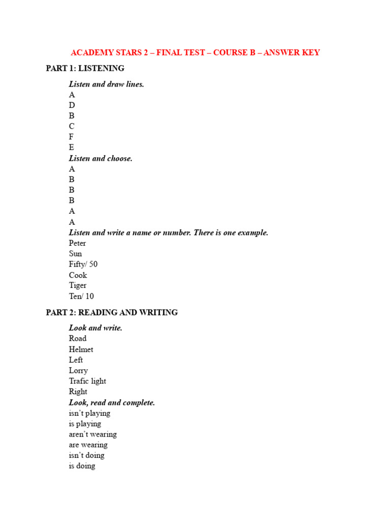 Academy Stars 2 Course B Answer Key | PDF