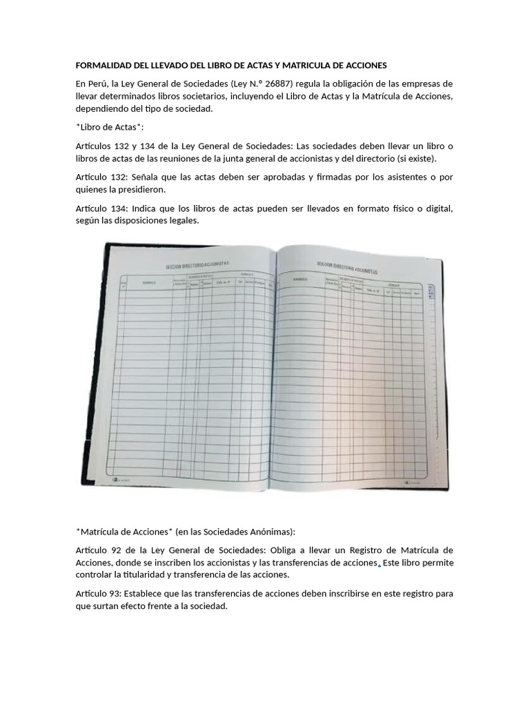 Formalidad de Su Llevado Libro de Actas y Mat Acciones | PDF