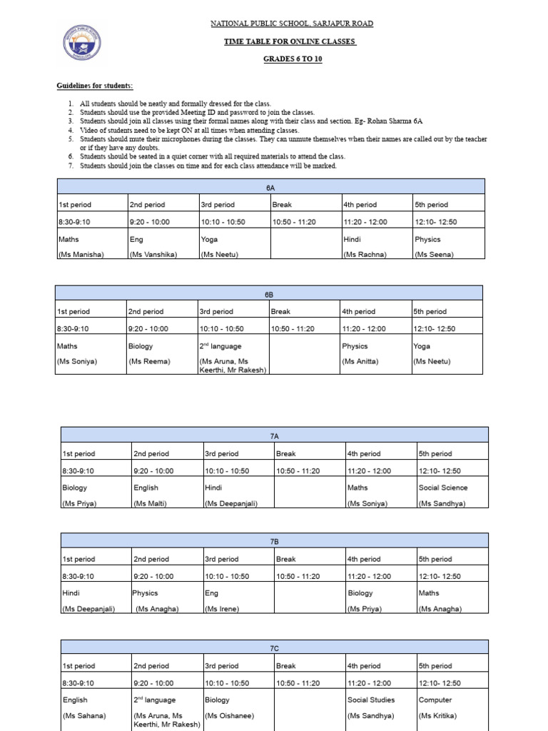 Middle School Online Classes Timetable 1175170202 1729610424 | PDF