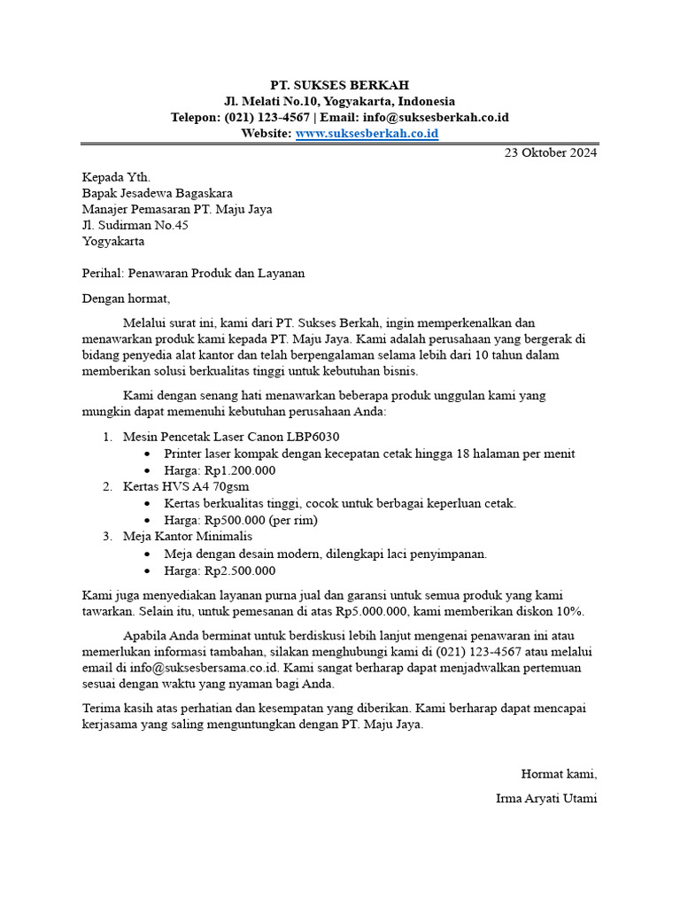 Contoh Surat Korespondensi Bisnis | PDF