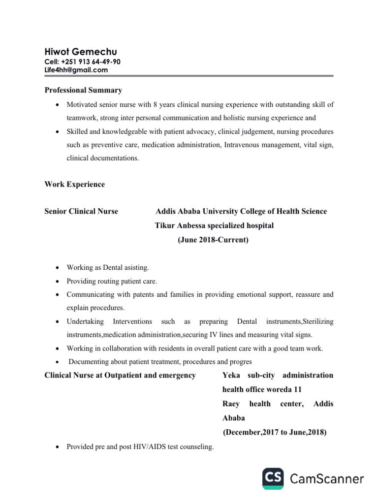 Hiwot Gemechu Dental Resume | PDF | Nursing | Patient